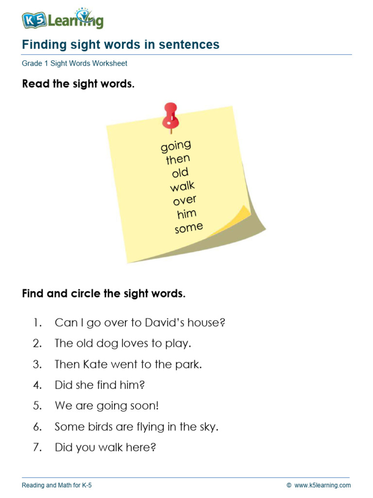 Grade 1 Sight Words Worksheet | PDF