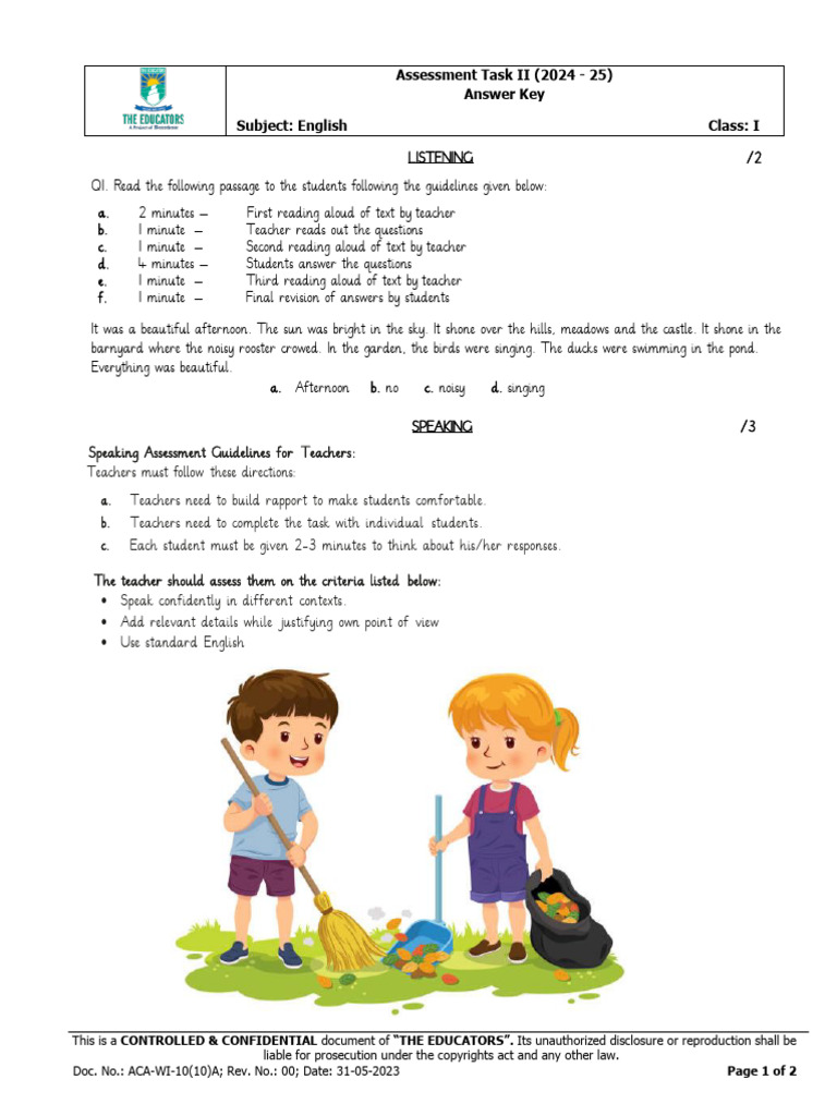 Class I English Assessment II Answer Key Term II 2024 25 | PDF