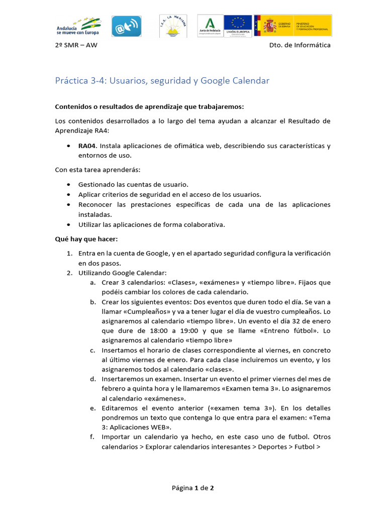 Practica 3-4-Usuarios, Seguridad y Google Calendar | PDF | Calendario | Software