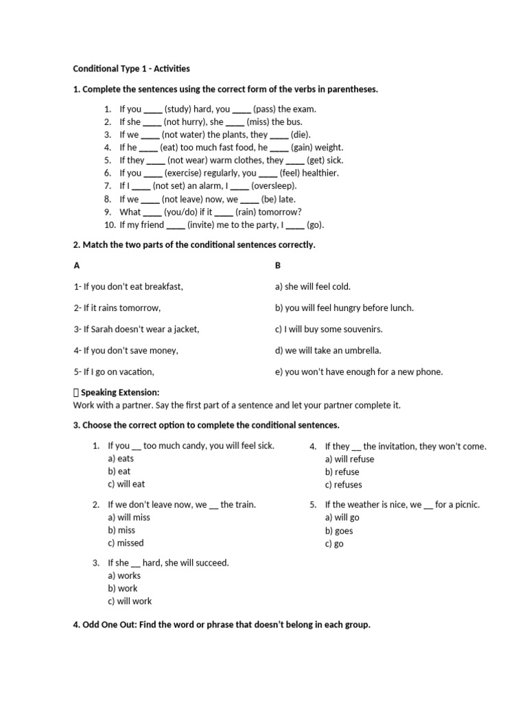Conditional Type 1 Exercises and Activities | PDF | Grammar | Linguistics