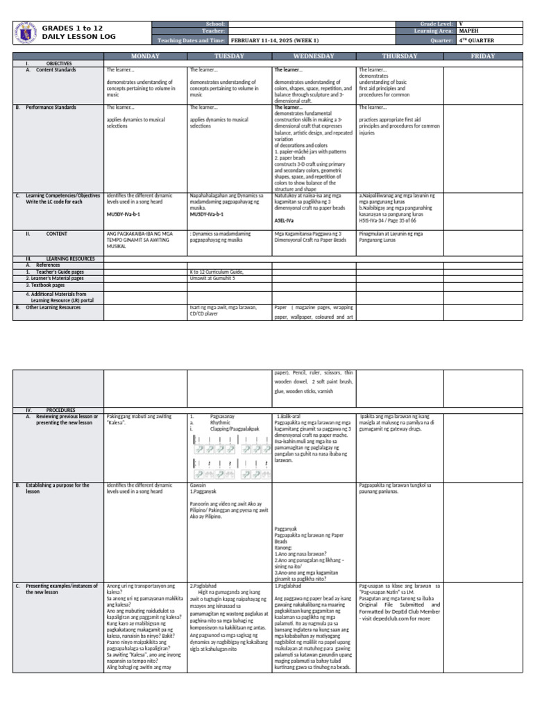 DLL - Mapeh 5 - Q4 - W1 | PDF