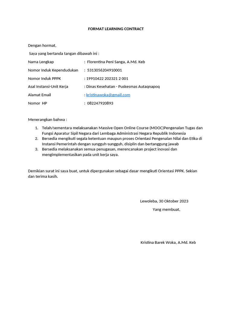 FORMAT LEARNING CONTRACT | PDF