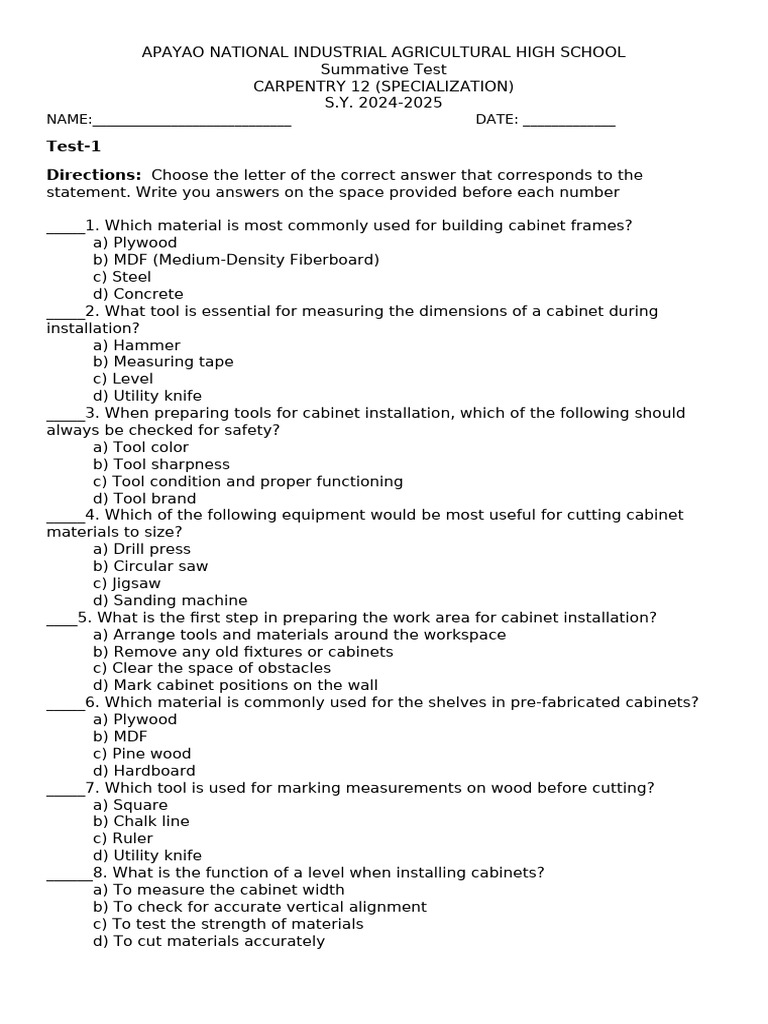 third quarter examination in carpentry 11 with tos | PDF | Cabinetry | Woodworking