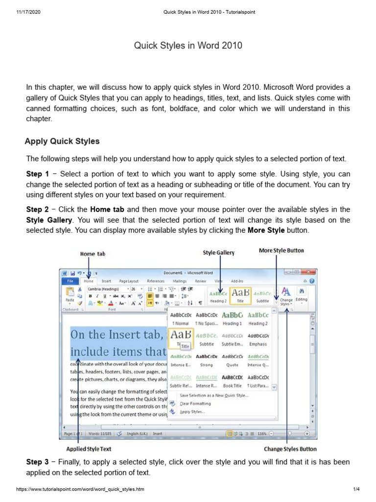 1quick Styles in Word 2010 - Tutorialspoint | PDF | Typography | Computing