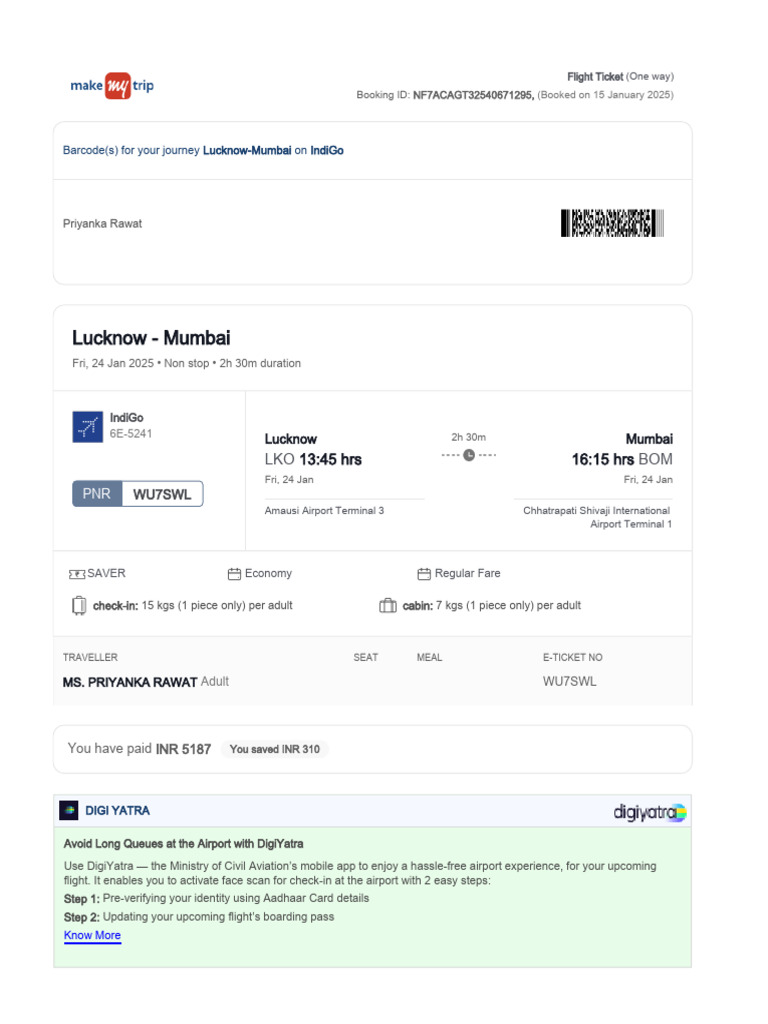 Lucknow to Mumbai Flight Ticket Details | PDF | Airport | Aviation
