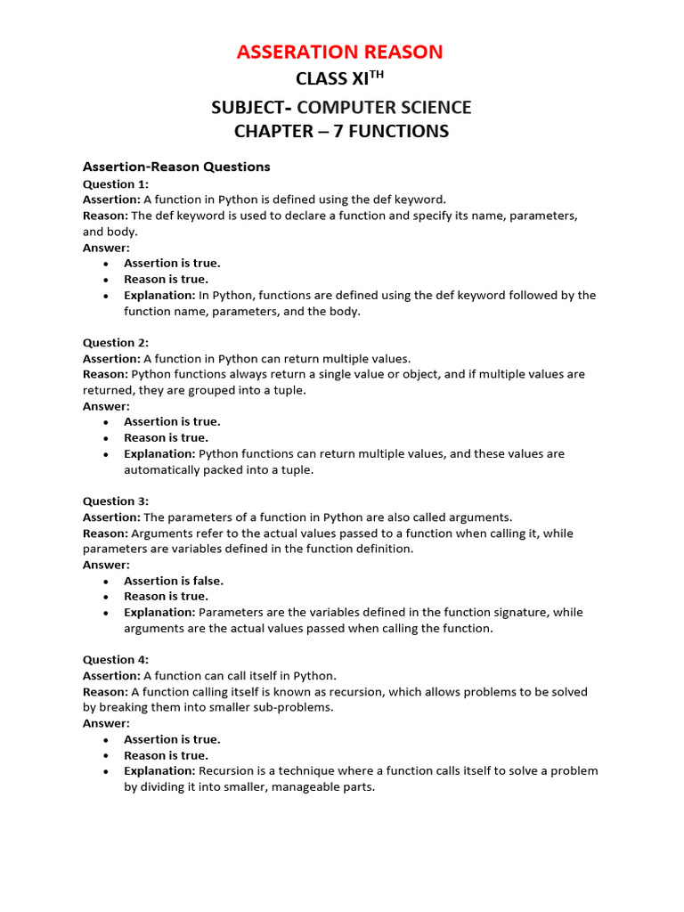 Python Functions: Assertion-Reason Guide | PDF | Parameter (Computer Programming) | Computer ...