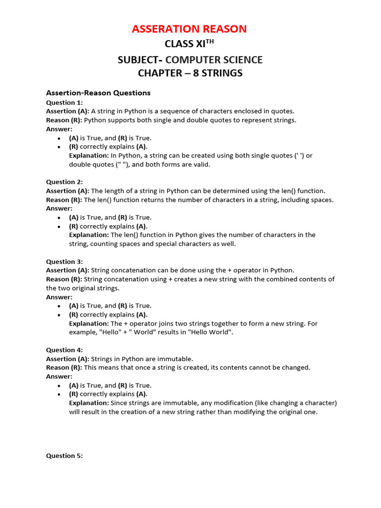 Class 11 Asseration Reason Computer Sience CHP 8 (2024-25) | PDF | String (Computer Science)