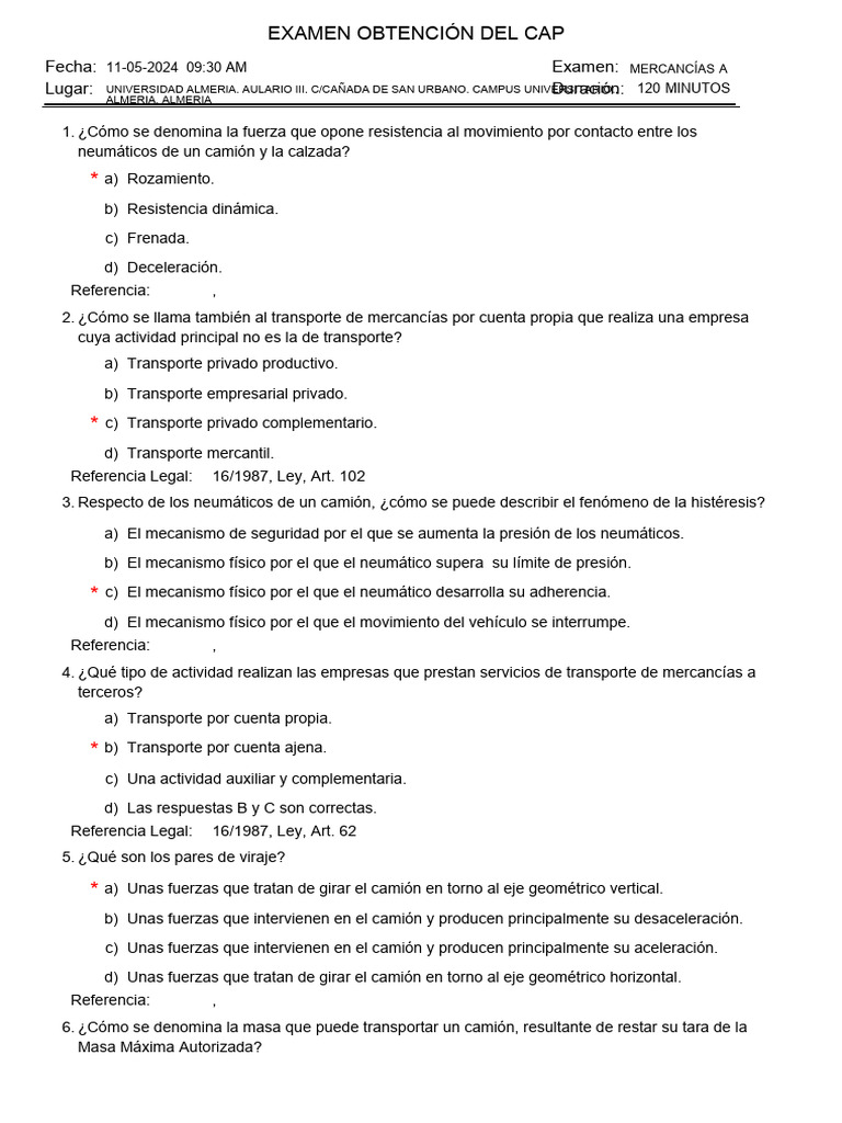 Examen CAP Almería 2024: Mercancías A | PDF | Eje | Camión