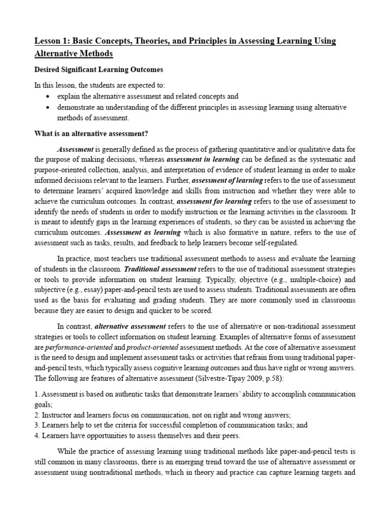 Lesson 1 Basic Concepts Theories and Principles in Assessing Learning Using Alternative Methods ...