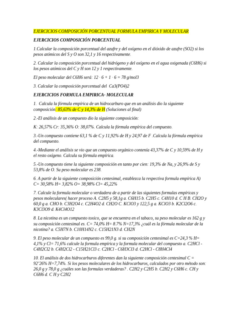 Ejercicios Formula Empirica, Molecular | PDF