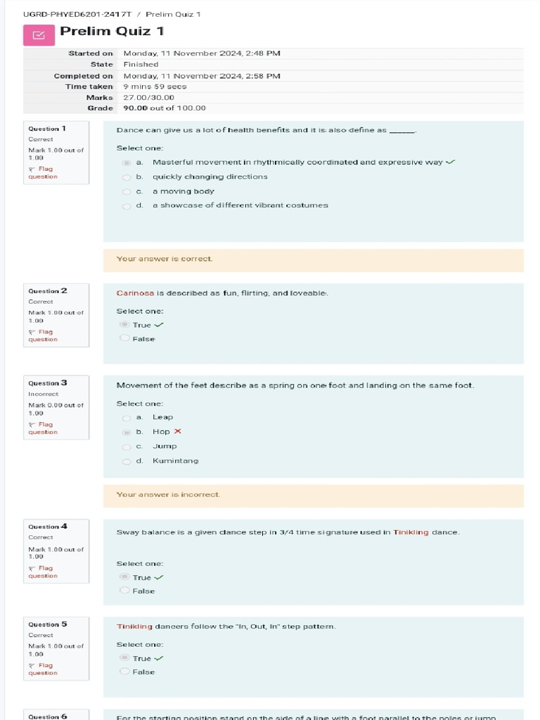 UGRD PHYED. Prelim Quiz 1 | PDF