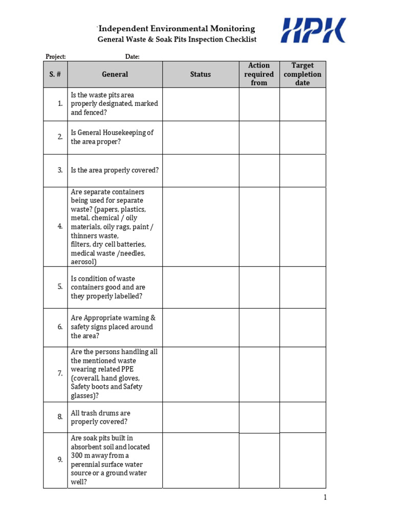Waste & Soak Pits Inspection Checklist | PDF | Waste | Septic Tank