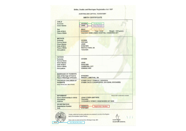 Act Birth Certificate Sample | PDF