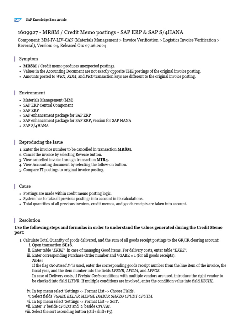 MR8M or Credit Memo Postings - SAP ERP and SAP S4HANA | PDF | Receipt ...