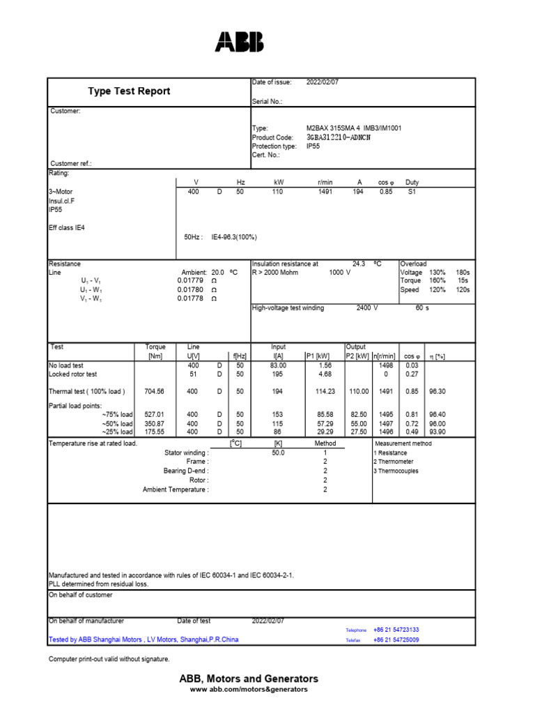 M2BAX 315SMA Motor Test Report | PDF | Electromagnetism | Manufactured ...