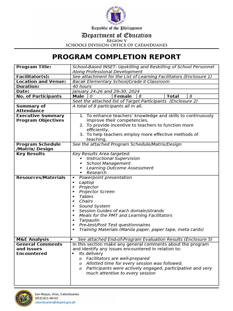 PROGRAM COMPLETION REPORT-BACAK ES | PDF | Teachers | Education Theory
