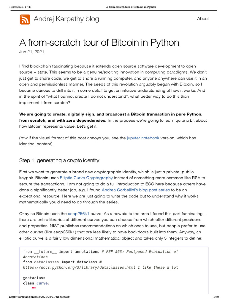 A from-scratch tour of Bitcoin in Python karpathhy | PDF | Secure Communication | Cryptography