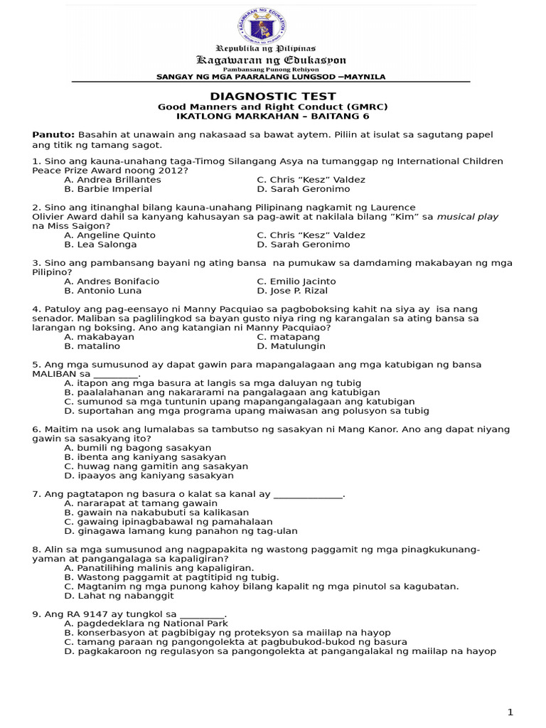 GMRC 6 Diagnostic Test Q3 | PDF