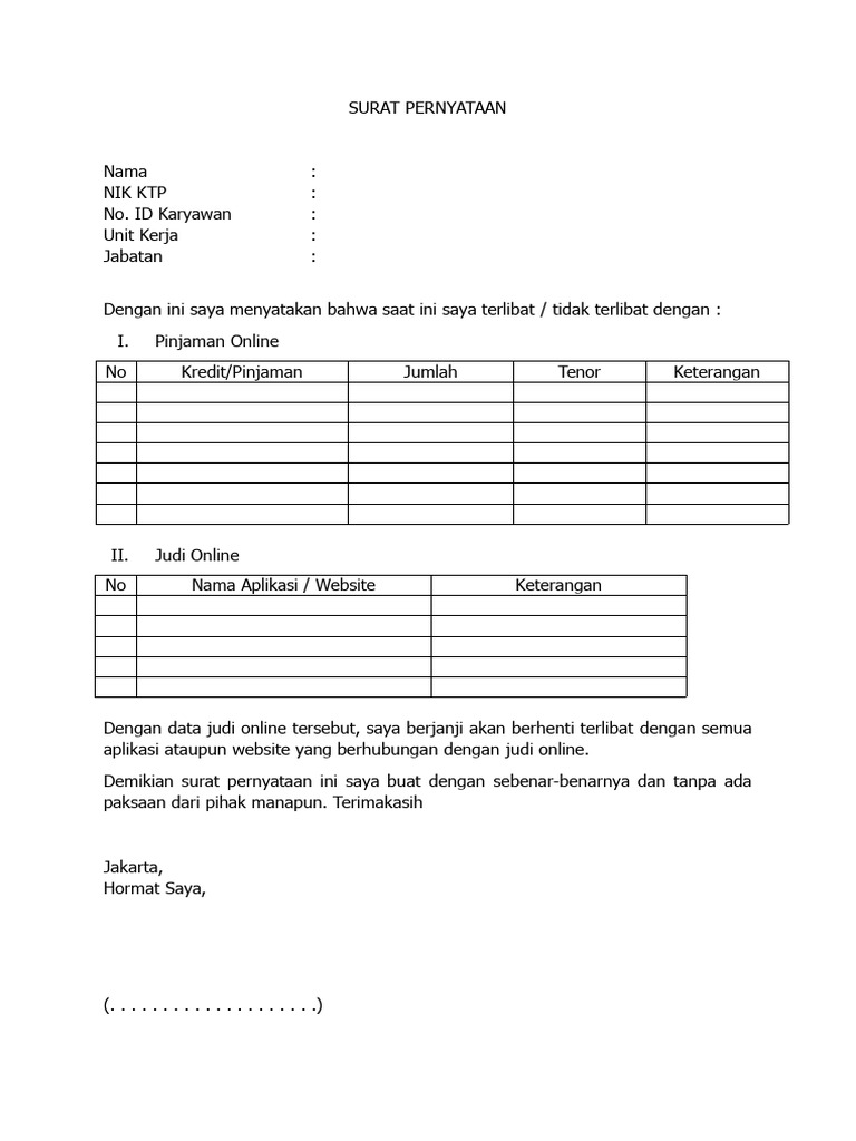 Surat Pernyataan Tidak Terlibat Pinjol dan Judi | PDF