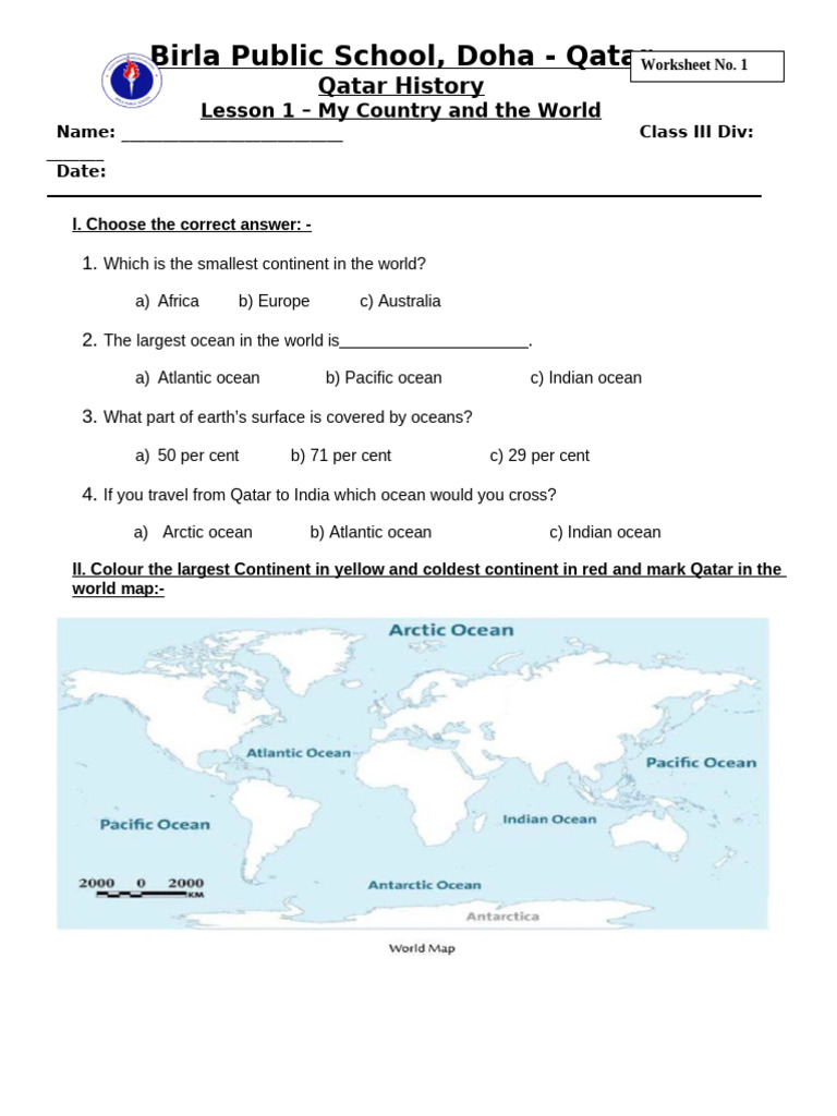 Grade III-QH Worksheet 1. Lesson 1 - My Country and The World | PDF