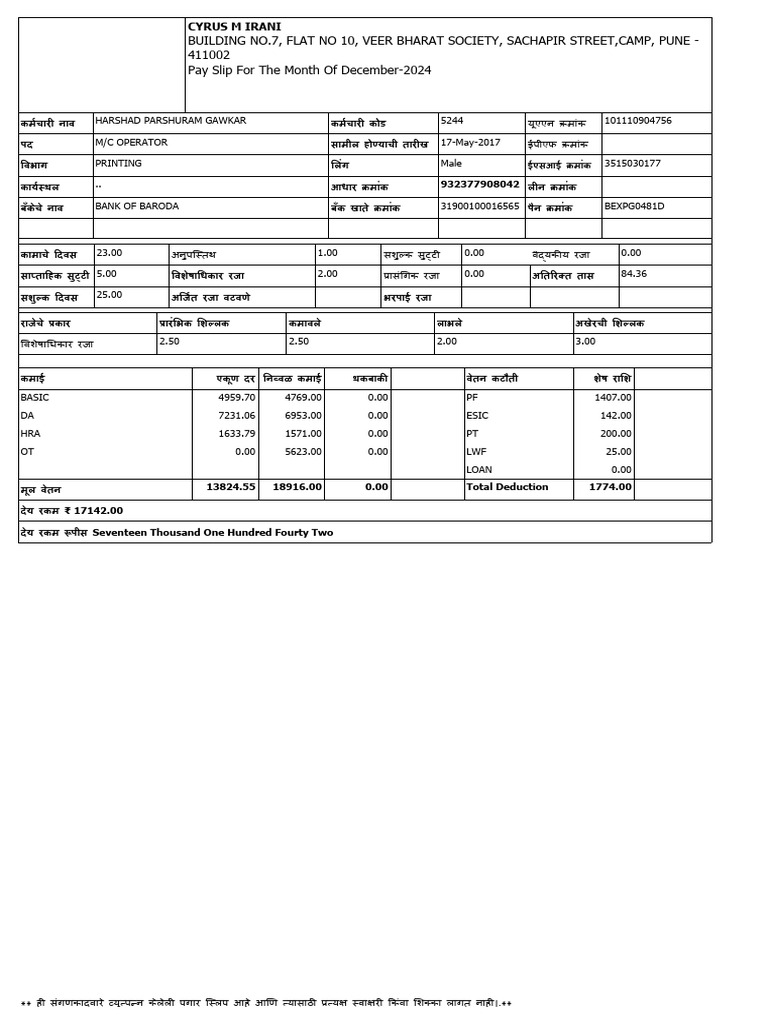 December 2024 Pay Slip for M/C Operator | PDF