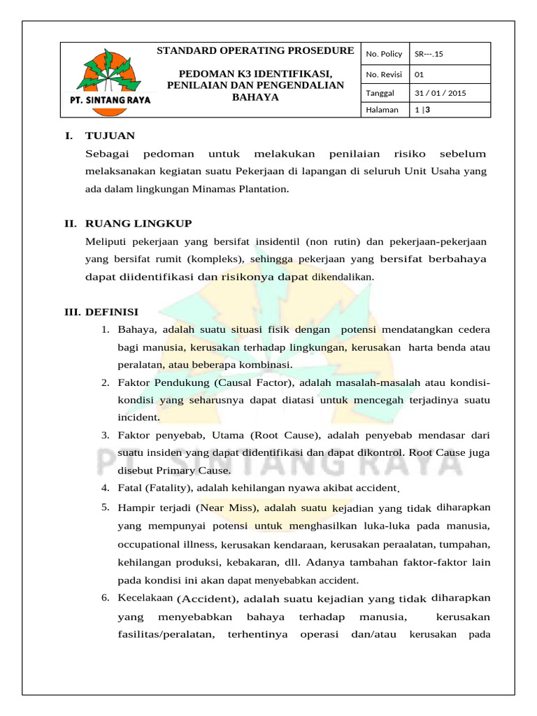 SOP PT. SR - PEDOMAN K3 IDENTIFIKASI, PENILAIAN DAN PENGENDALIAN BAHAYA ...