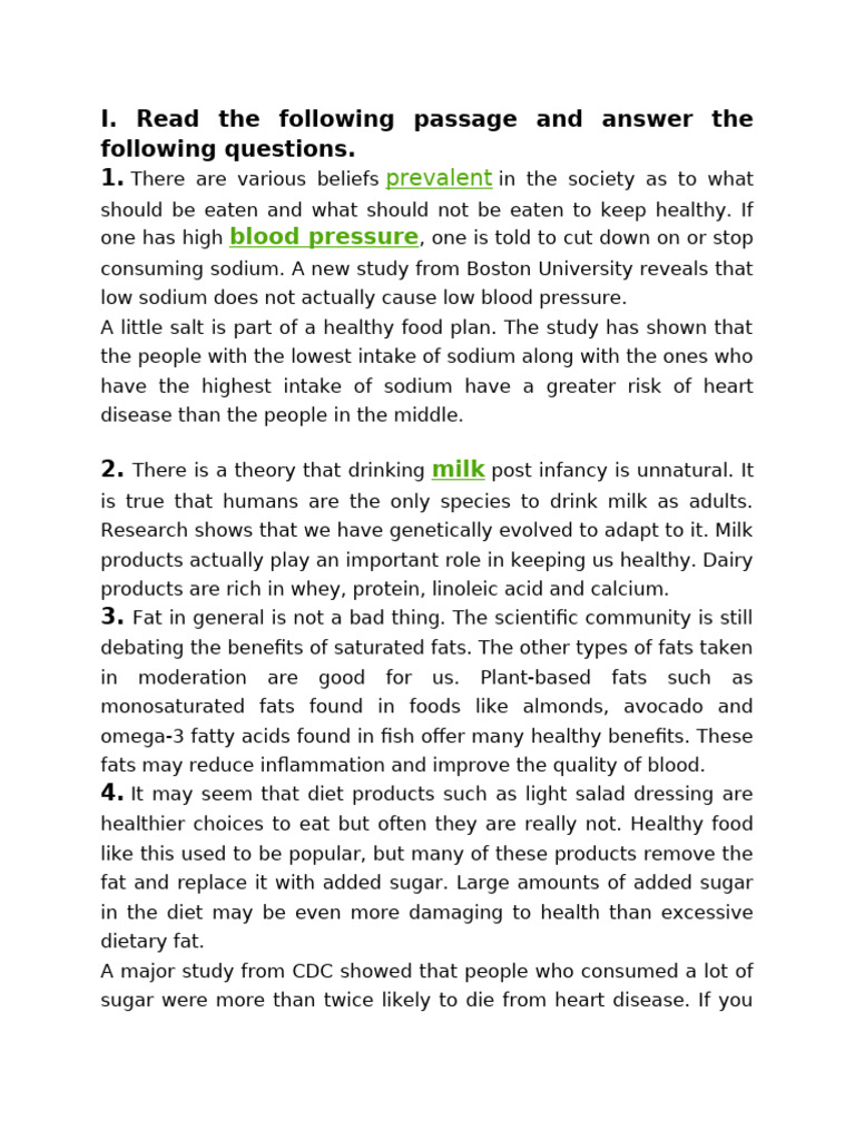 Reading comprehension Class 9 | PDF | Fat | Milk