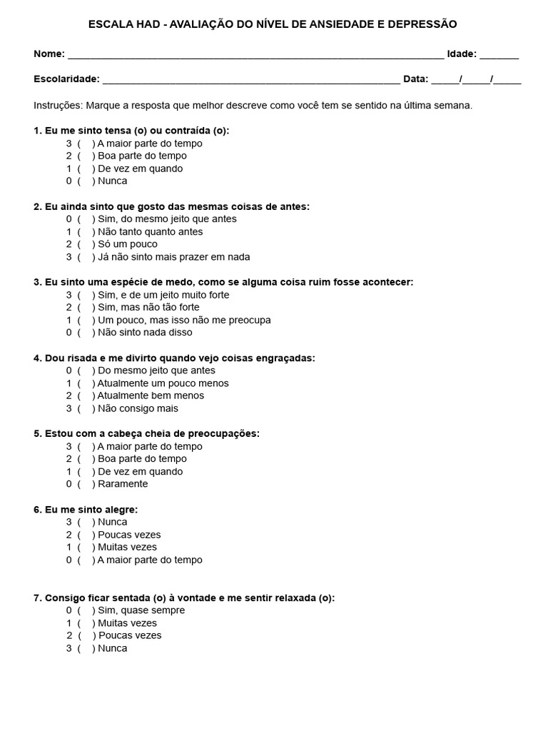 Escala Had - Avaliação Do Nível de Ansiedade e Depressão | PDF