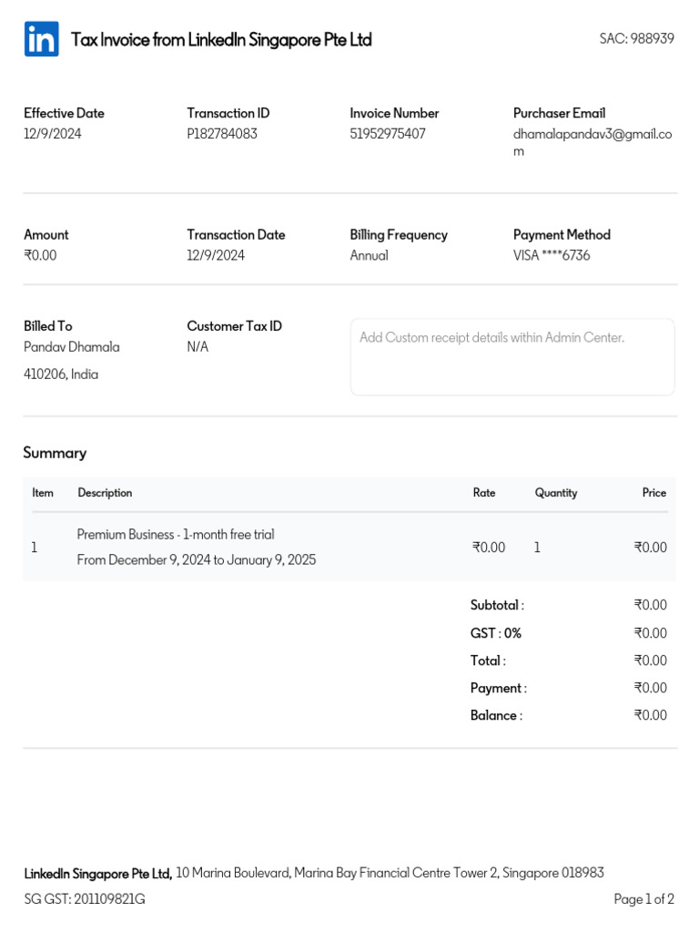 LinkedIn Tax Invoice SAC 988939 | PDF | Value Added Tax | Invoice
