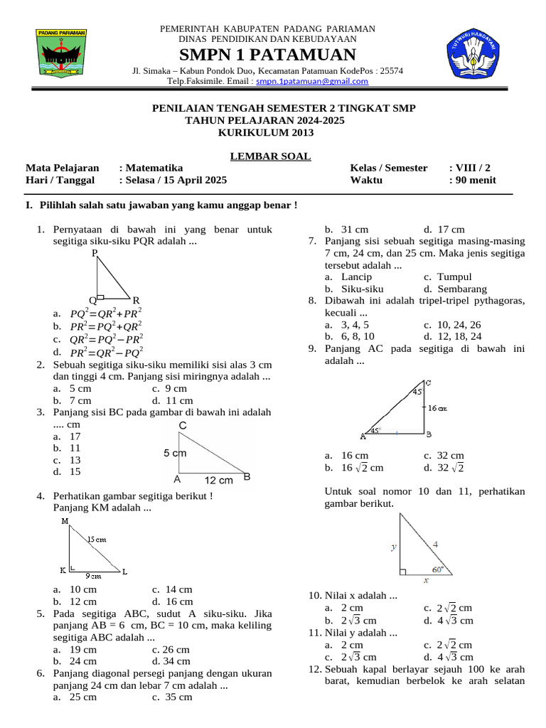 Soal Pts 2 MTK 8 TP 24-25 Fix | PDF