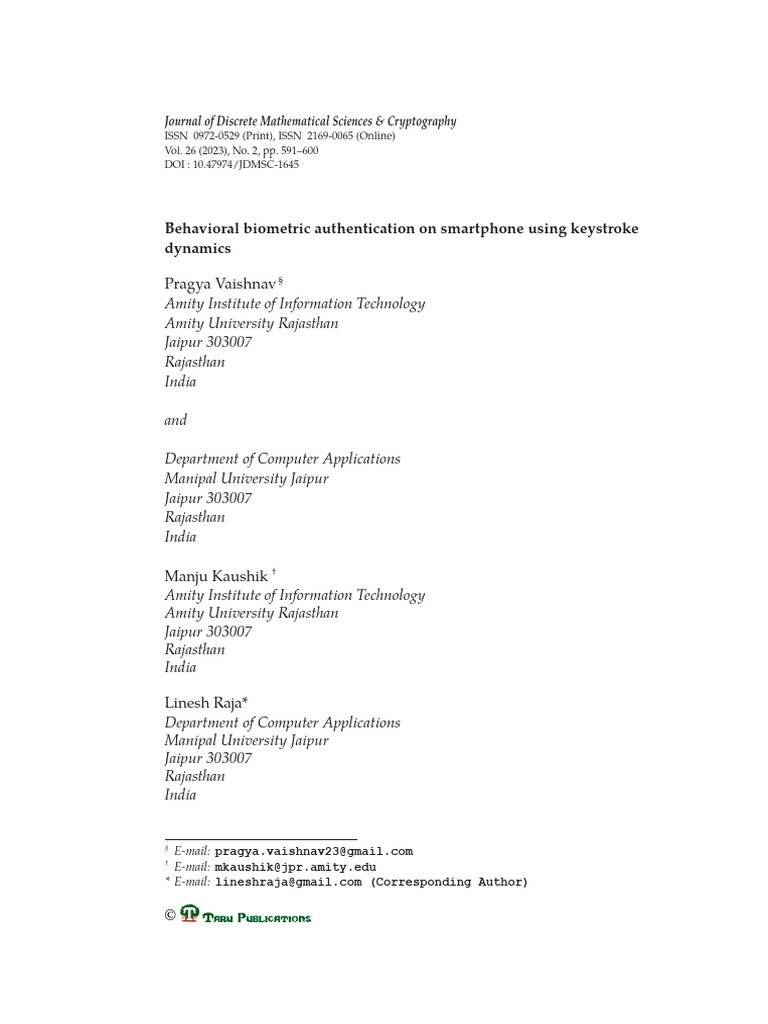 Behavioral Biometric Authentication On Smartphone Using Keystroke Pdf
