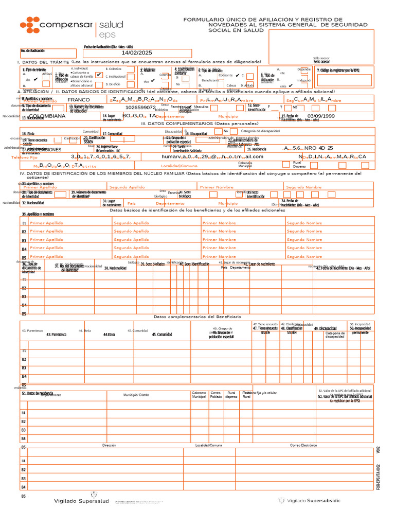 Formulario de Afiliación Compensar | PDF