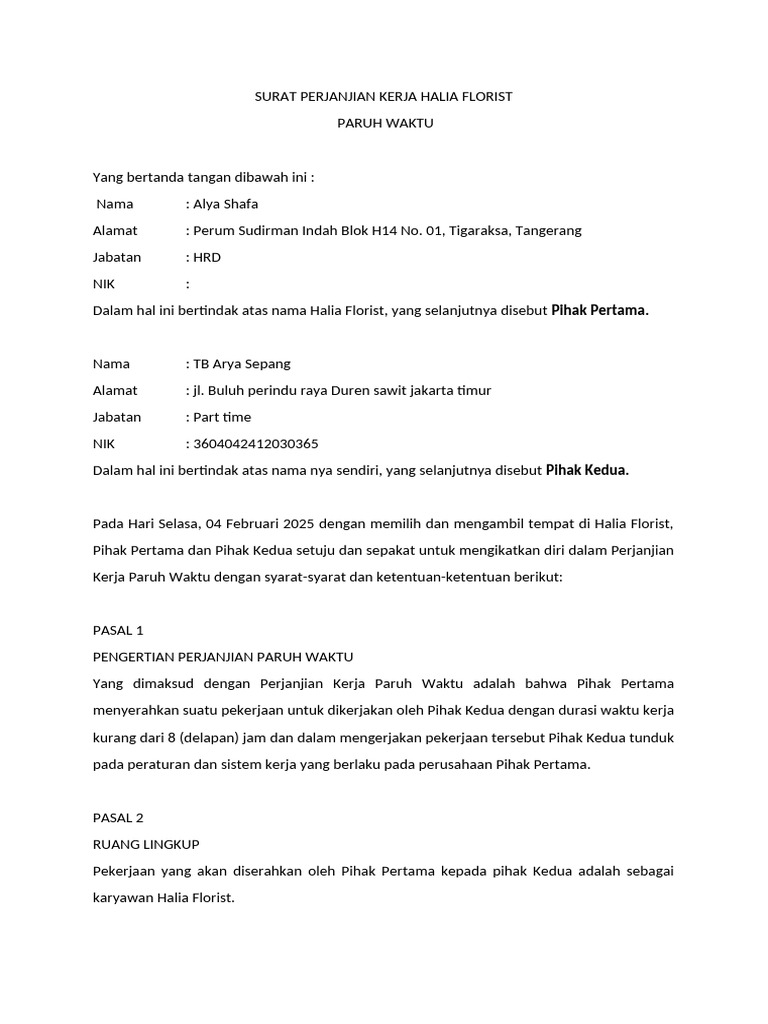 Contoh Surat Kontrak Kerja Part Time | PDF