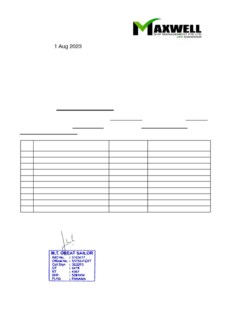 Crew Movement Report - MT. Great Sailor | PDF