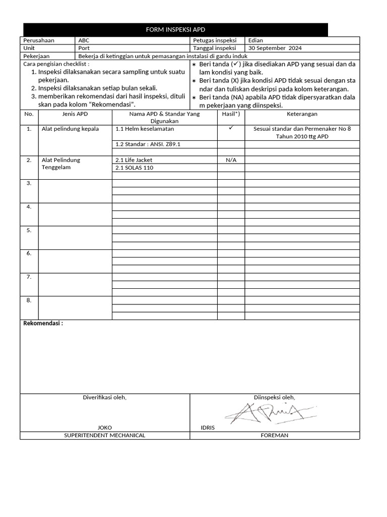 Form Inspeksi APD | PDF