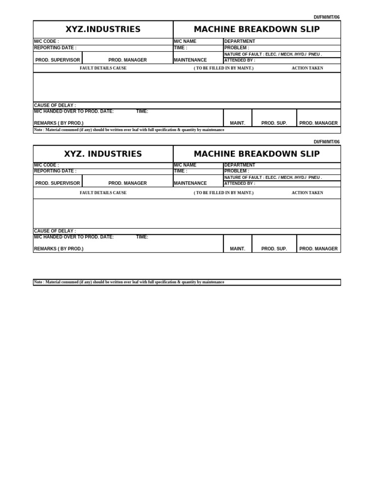 Machine Breakdown Slip | PDF