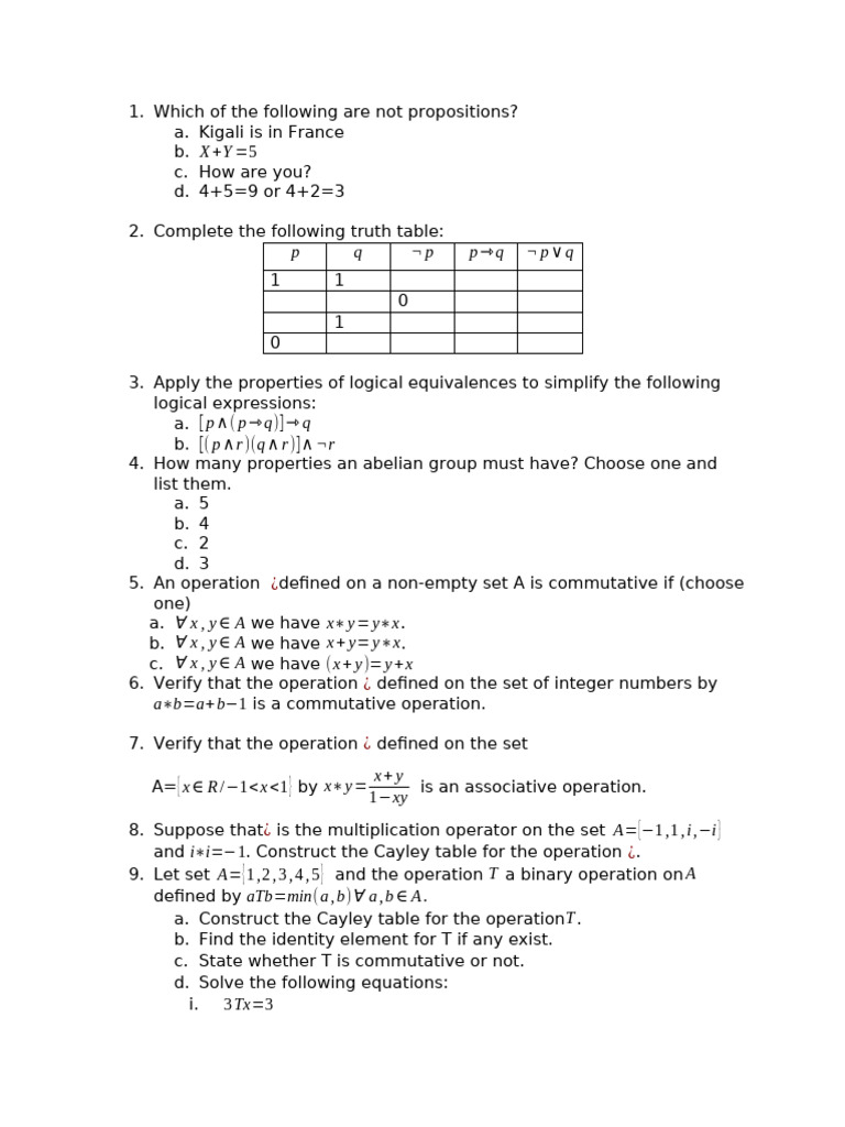 Logic and Algebra Exercises Guide | PDF | Group (Mathematics) | Ring ...