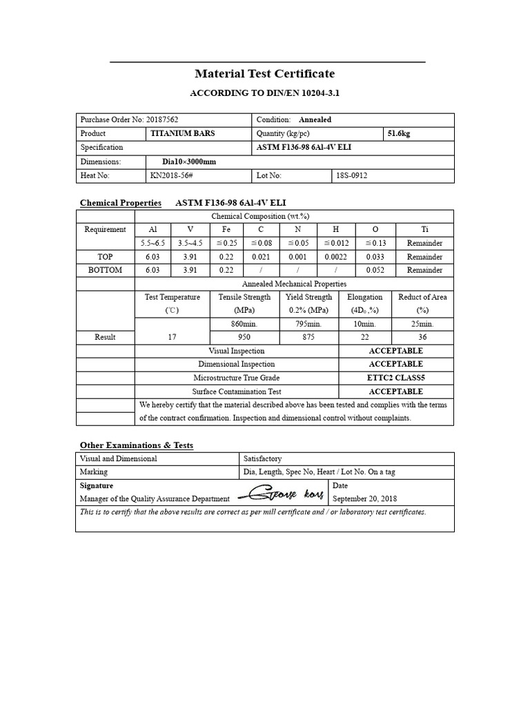 Titanium Alloy Certificate ASTM F136 | PDF | Titanium | Secondary ...