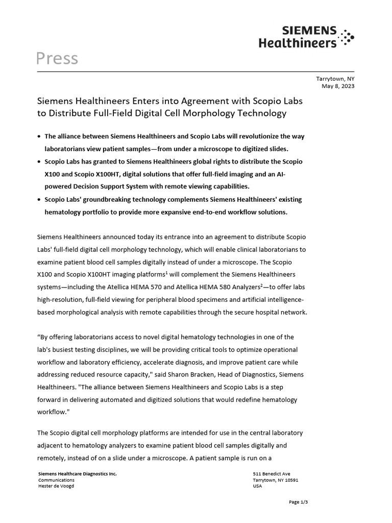 Siemens Healthineers Press Release Siemens Healthineers Enters Into Agreement With Scopio Labs ...
