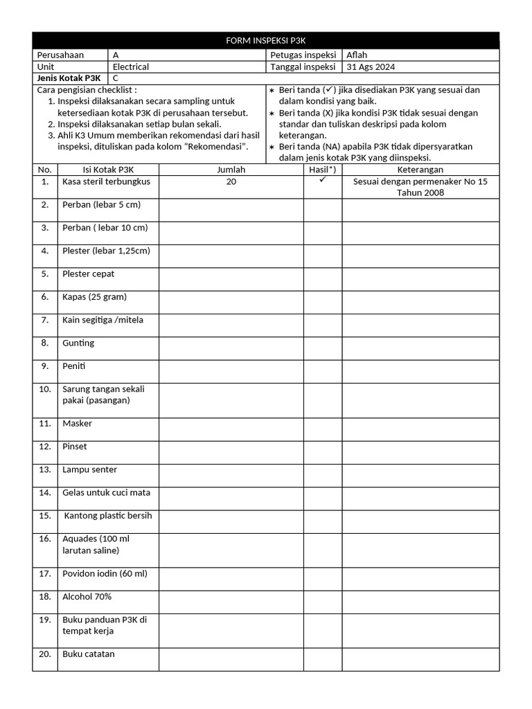 Form Inspeksi P3K | PDF