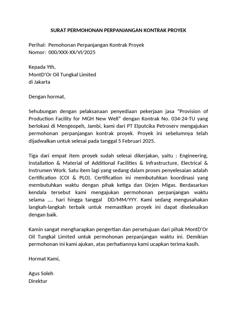 Surat Permohonan Perpanjangan Kontrak Proyek - Draft | PDF