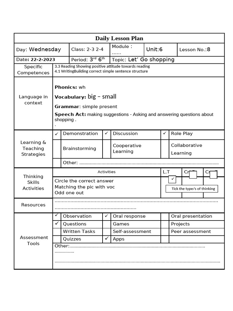 Big - Small: Daily Lesson Plan | PDF | Education Theory | Psycholinguistics
