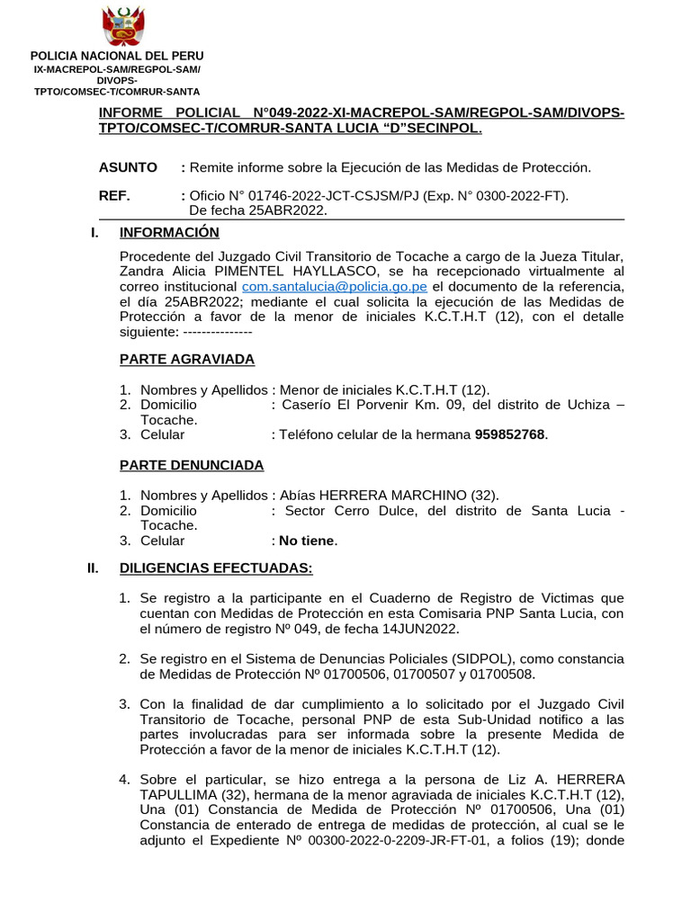 Informe Policial de Medidas Proteccion | PDF | Justicia | Crimen y ...