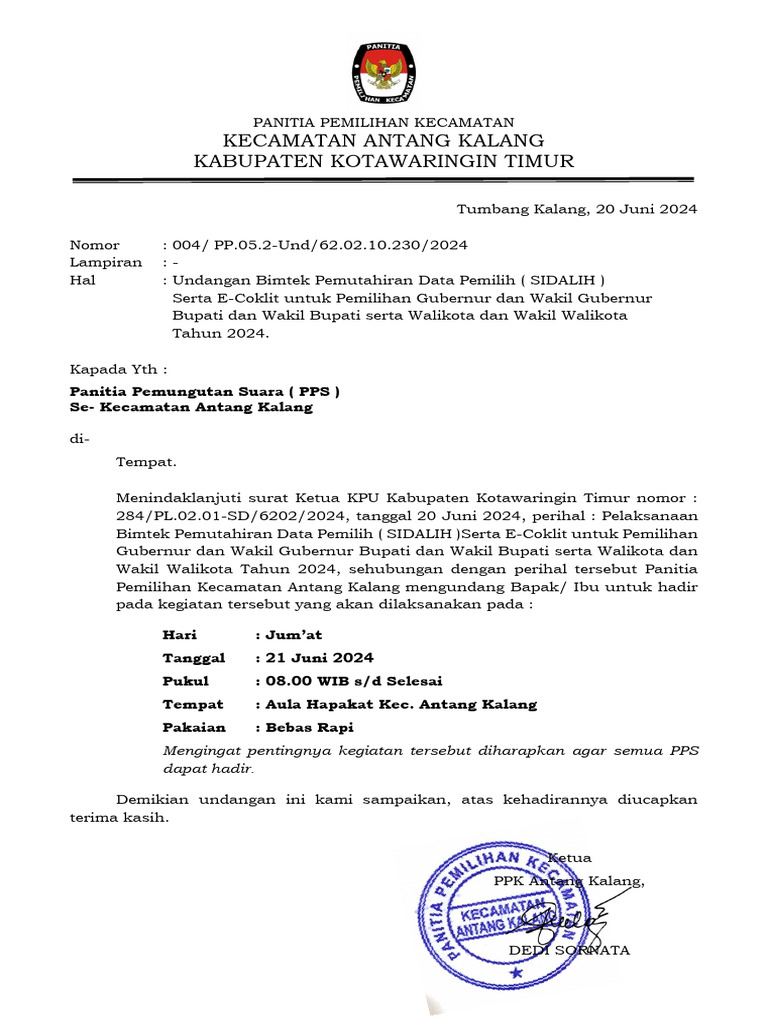 Undangan BIMTEK SIDALIH | PDF