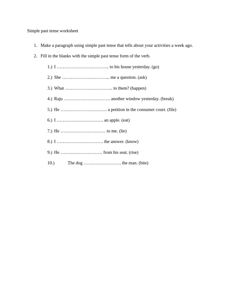 Simple Past Tense Worksheet | PDF