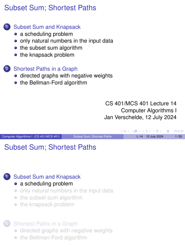 Subset Sum Shortest Paths Knapsack Pdf Computational Problems Mathematical Optimization
