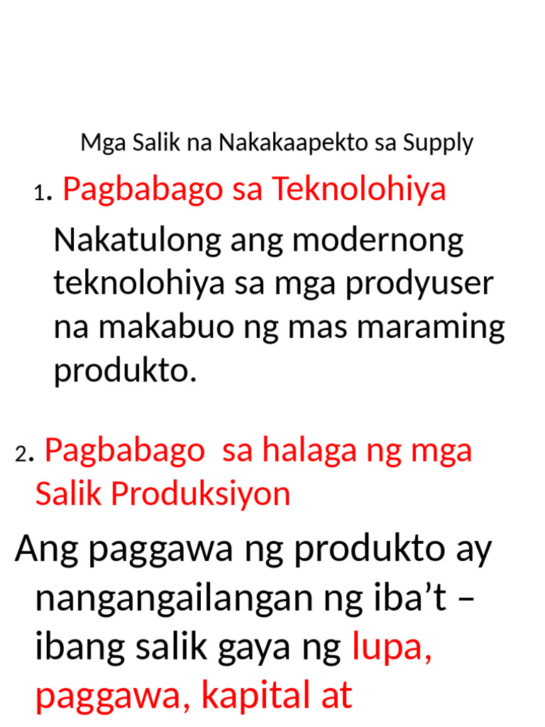 Mga Salik Na Nakakaapekto Sa Supply | PDF