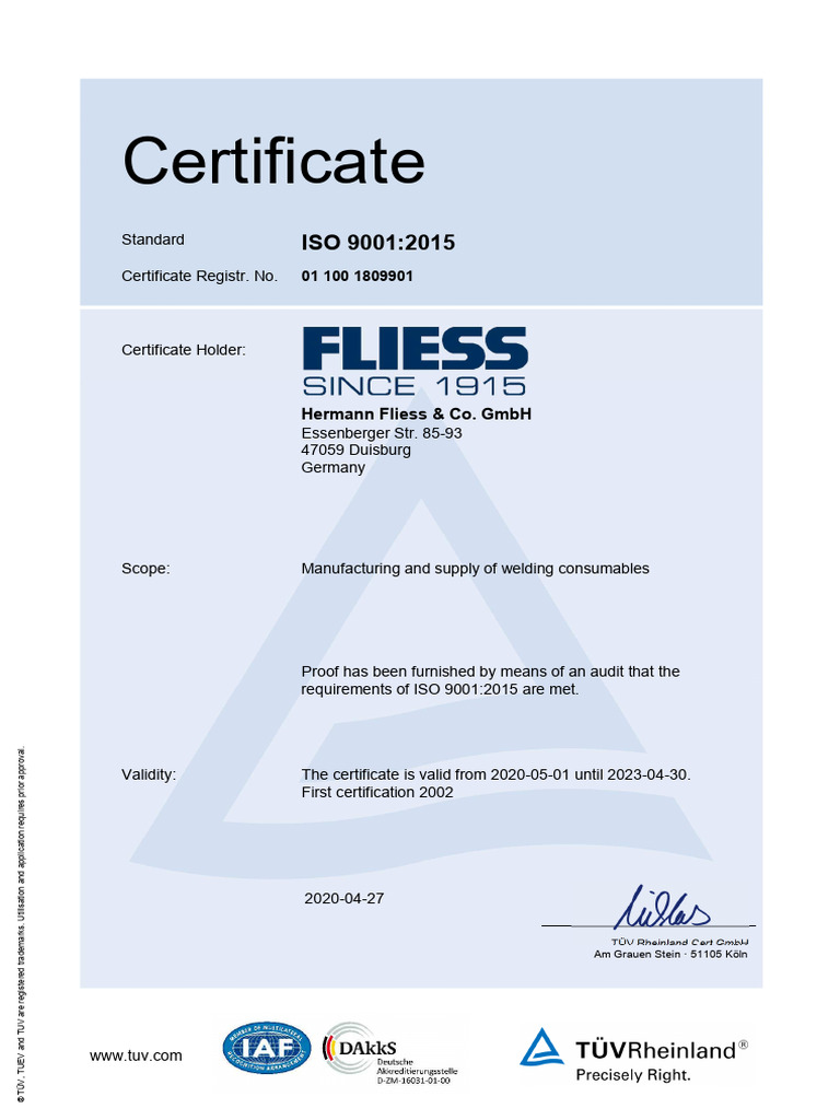 FLIESS (ISO 9001 Certifikat) | PDF | Regulation | International ...
