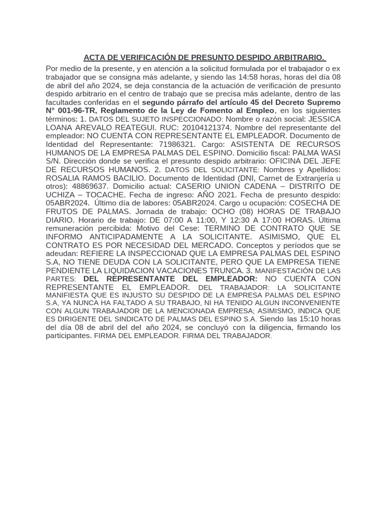 Idlpol - Formato de Acta de Verificacion de Presunto Despido Arbitrario ...