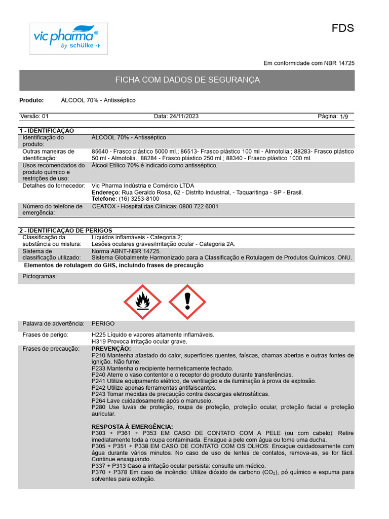 Ficha de Segurança: Álcool 70% Antisséptico | PDF | Química | Dióxido ...